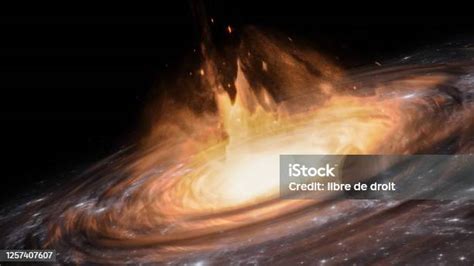 증착 디스크와 가스 구름 3d 렌더링 그림이 있는 퀘이사 또는 블랙홀 우주 또는 공간 경관 개념 예술적 비전 디스크에 대한 스톡