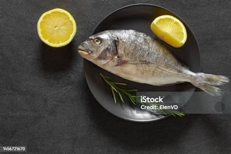 황새 신선한 익히지 않은 생선 오메가 3 공급원 레몬 옐로우 및 그린 로제너리 어두운 배경 평면도 텍스트 복사 공간 0명에 대한 스톡 사진 및 기타 이미지 Istock