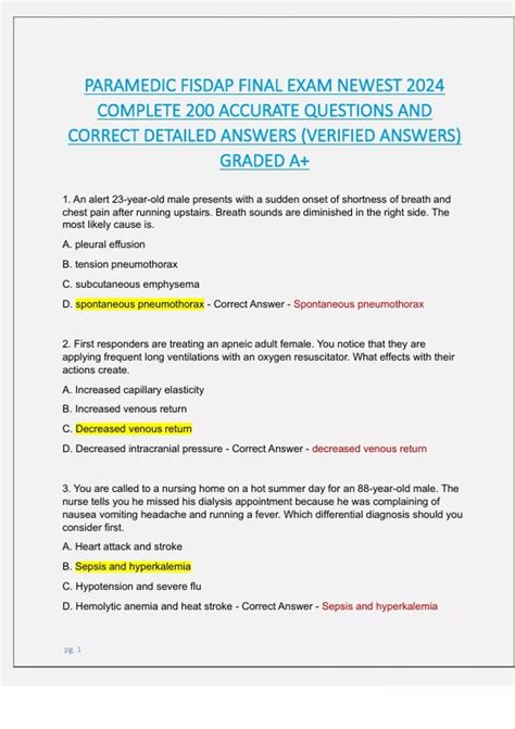 Paramedic Fisdap Final Exam Newest 2024 2025 Actual Exam Complete 200