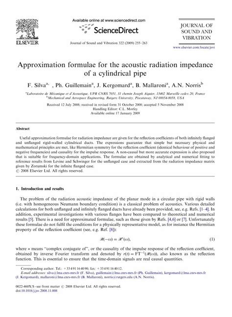 Pdf Approximation Formulae For The Acoustic Radiation Impedance Of A