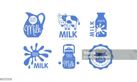 우유 천연 제품 로고 세트 신선한 낙농 식품 라벨 흰색 바탕에 파란색 색상 벡터 일러스트 레이 션에에서 엠 블 렘 디자인 0명에 대한 스톡 벡터 아트 및 기타 이미지