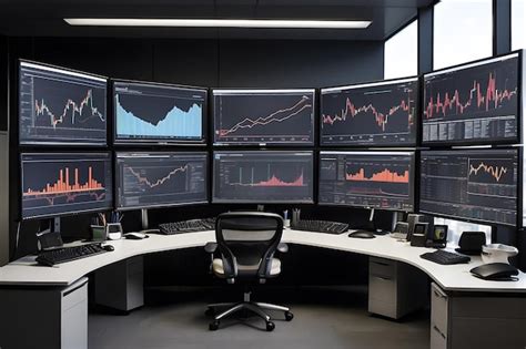 High Tech Workstation With Multiple Computer Monitors Displaying Graphs