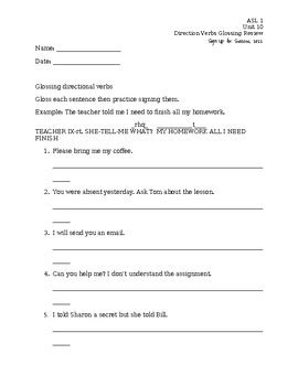 ASL Level 1 Unit 10 Glossing Directional Verbs Worksheet TPT
