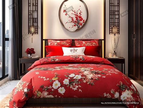 Ai创作图中式卧室 红色床品 花卉图案 床头画 中式灯具 床头柜 花瓶 窗帘 实木家具 装饰画 传统风格 室内设计 家居装饰 床幔 中式元素 昵图网
