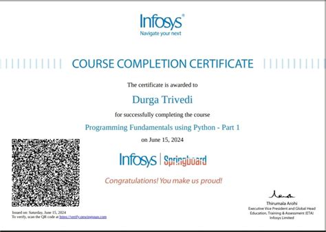 Durga Trivedi On Linkedin Python Programming Certification Infosys Infosysspringboard