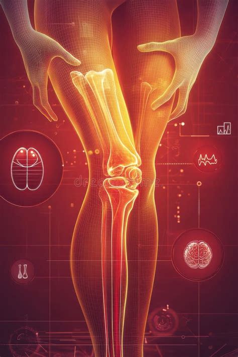 Illustration Of Knee Joint Anatomy With Technological Elements And Highlights Of Neural