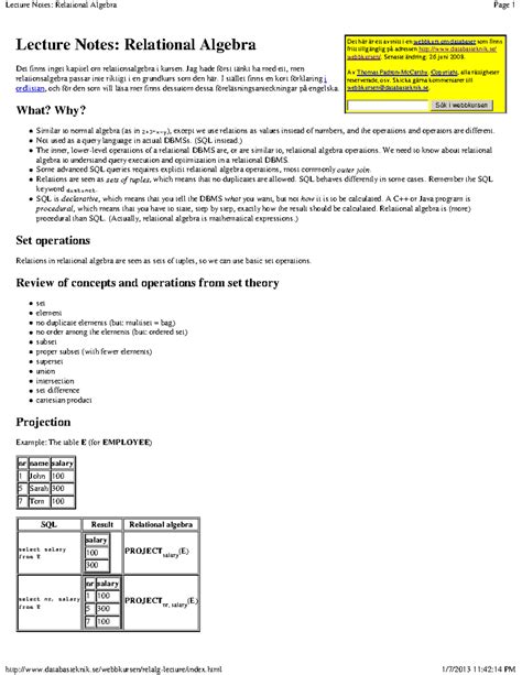 Relational Algebra Lecture Notes Det Här är Ett Avsnitt I En