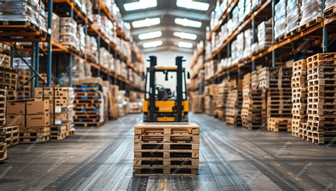 A Forklift Stands Ready In A Wellorganized Warehouse With Stacks Of