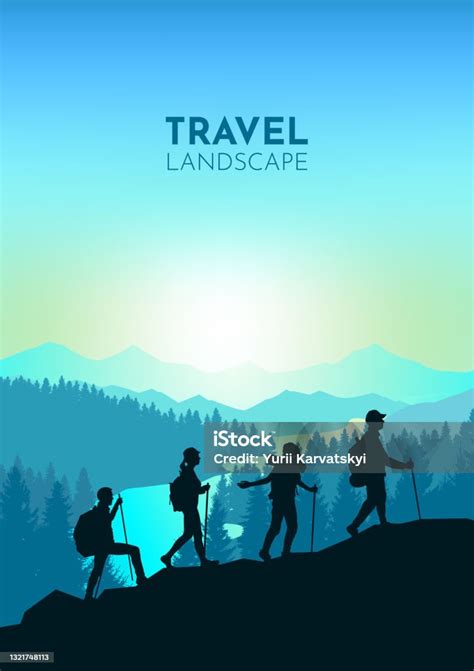 한 친구들이 산을 오르고 있다 팀워크 다각형 풍경 일러스트레이션 미니멀한 플랫 디자인 자연을 발견하고 탐험하고 관찰하는 여행 개념 모험 관광 하이킹 경관에 대한 스톡 벡터