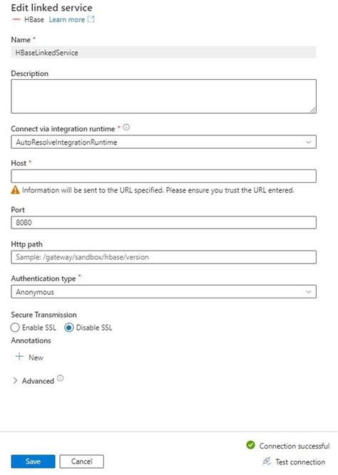 Cant Connect To Hbase Instance From Azure Data Factory To Use It As