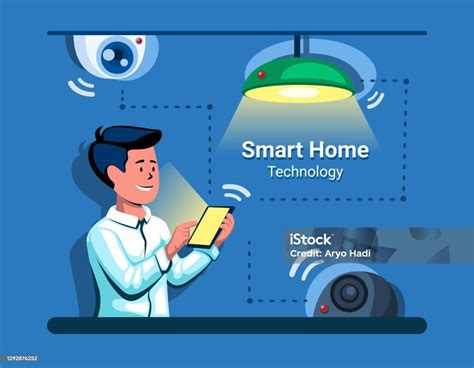 스마트 홈 기술학 만화 일러스트 벡터에서 스마트폰 개념을 사용하여 인간 제어 멀티 장치 보안 카메라에 대한 스톡 벡터 아트 및 기타 이미지 보안 카메라 전구 0명