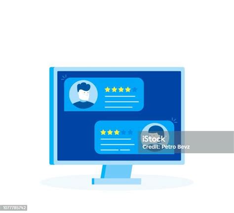 고객 검토 등급 메시지 데스크톱 Pc 디스플레이 및 온라인 검토 또는 클라이언트 평가 경험이 나 피드백의 개념 컴퓨터 등급 별 현대 평면 스타일 벡터 일러스트 레이 션