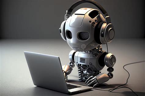 3d rendering humanoid robot working with headset and notebook stock