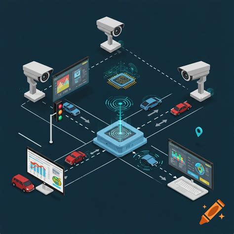 Isometric Illustration Of A Machine Learning Traffic Surveillance System With Cameras Sensors