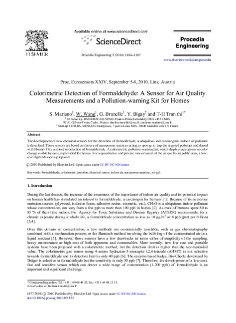 Pdf Colorimetric Detection Of Formaldehyde A Sensor For Air Quality