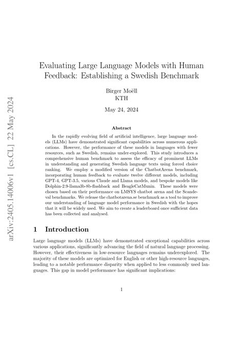 Pdf Evaluating Large Language Models With Human Feedback Establishing A Swedish Benchmark