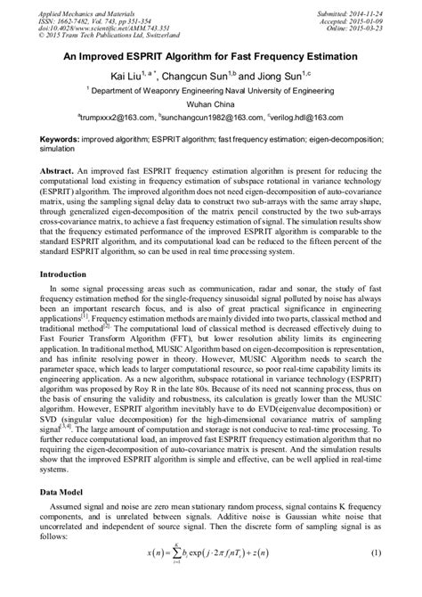 An Improved Esprit Algorithm For Fast Frequency Estimation Scientificnet