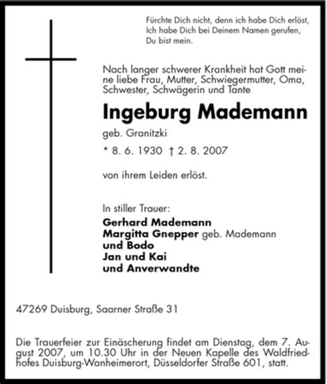 Traueranzeigen Von Ingeburg Mademann Trauer In Nrw De