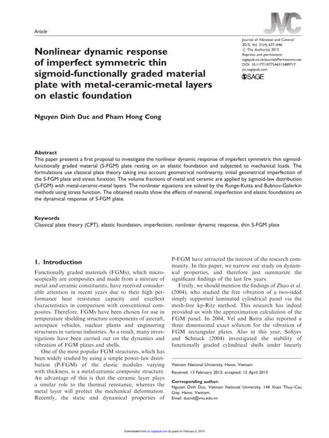 Pdf Nonlinear Dynamic Response Of Imperfect Symmetric Thin Sigmoid Functionally Graded