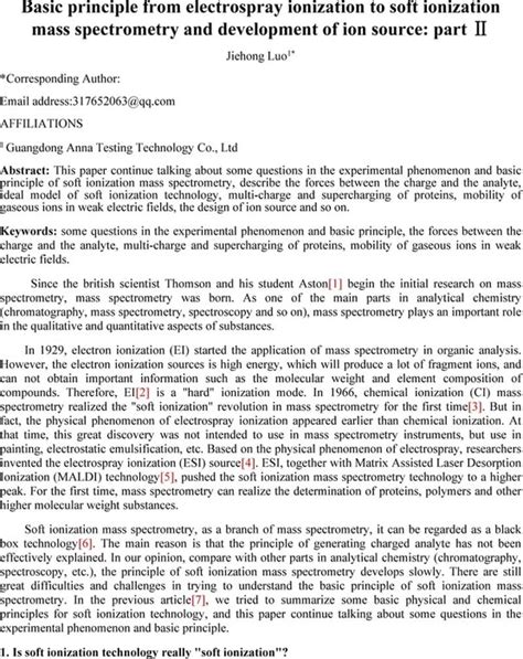 Basic Principle From Electrospray Ionization To Soft Ionization Mass Spectrometry And