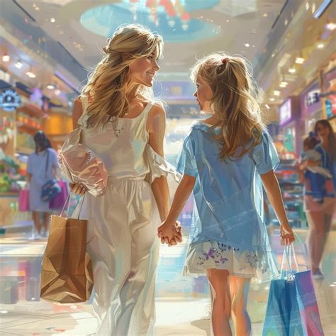 Mother And Daughter Posing Near Boutique With Shopping Bags Premium