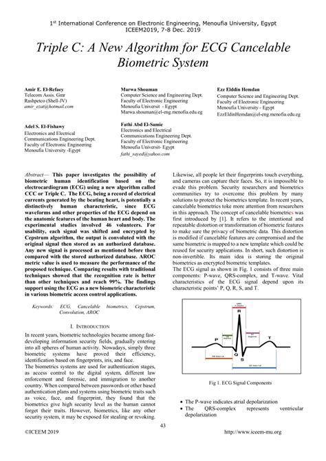 Pdf Triple C A New Algorithm For Ecg Cancelable Biometric System