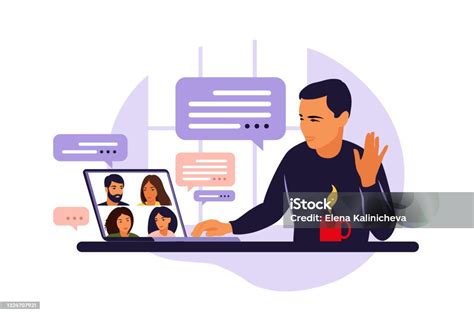 집단 가상 회의 및 그룹 화상 회의를 위해 컴퓨터를 사용하는 사람 온라인 친구와 채팅 데스크톱에서 남자 화상 회의 원격 작업