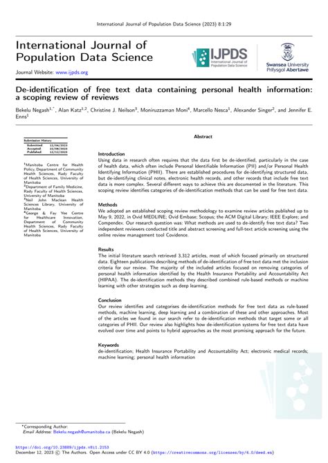 Pdf De Identification Of Free Text Data Containing Personal Health Information A Scoping
