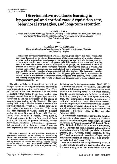Pdf Discriminative Avoidance Learning In Hippocampal And Cortical