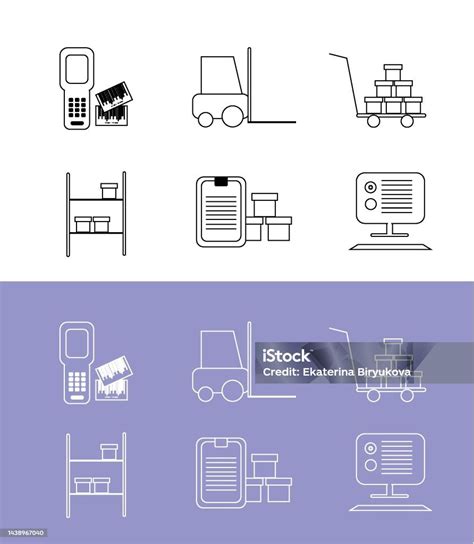 물류 배달 창고 아이콘 스톡 벡터 라인 아이콘의 간단한 세트 Incons의 컬렉션 화물 지게차 및 생산 노동자 기호 유통 재고 관리 데이터 수집 터미널 바코드 재고 회계 0