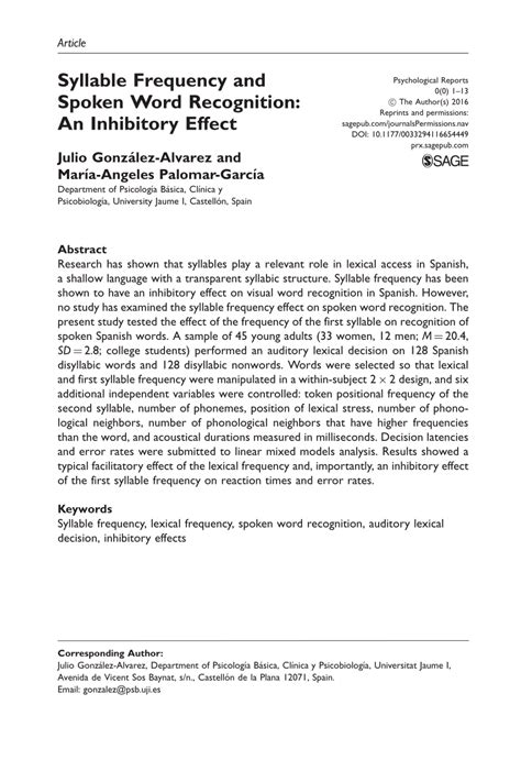 Pdf Syllable Frequency And Spoken Word Recognition An Inhibitory Effect