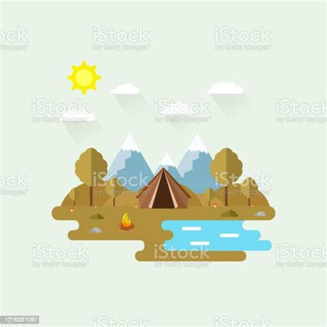 아름 다운 숲 장면의 일러스트 플랫 스타일의 가을 풍경입니다 화창한 날 배경 텐트 버섯 나무 돌 캠프 파이어 산 숲과 물 캠핑 여름 캠프 하이킹 관광 가을에 대한 스톡 벡터