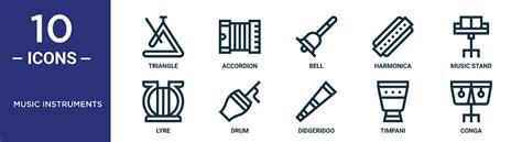 음악 악기 개요 아이콘 세트에는 얇은 선 삼각형 벨 음악 스탠드 드럼 팀파니 콩가 보고서 프리젠 테이션 다이어그램 웹 디자인을