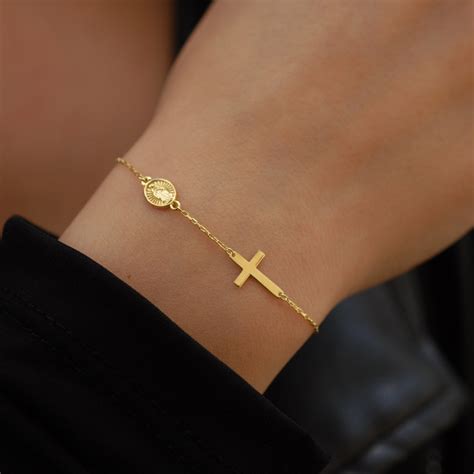 14k Solid Gold Cross Bracelet For Women Miraculous Medal Catholic Rosary Bracelets For Women