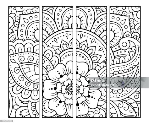 책 인쇄 책 갈피 색칠 꽃 무늬가 있는 흑백 라벨 세트로 핸드 드로우는 멘디 스타일로 그립니다 색깔의 연필을 가진 어린이와 성인의 창의력을위한 장식품의 스케치 강렬하고 밝은