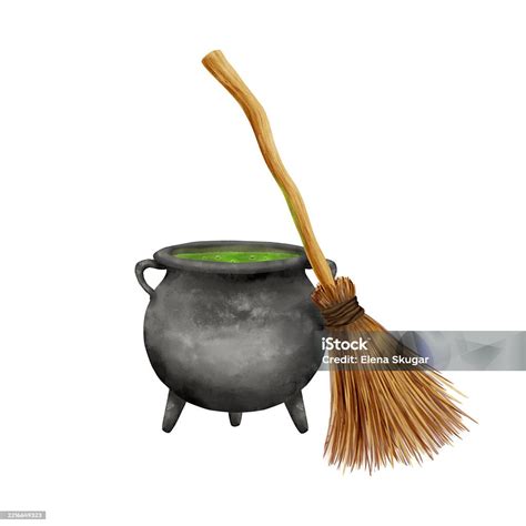 끓는 물약이 담긴 둥근 가마솥과 마녀의 빗자루 수채화 삽화 마녀의 빗자루와 마술 양조주를 담는 냄비 흰색 배경에 고립되어 있습니다 마술 요술 할로윈의 주제 10월에 대한
