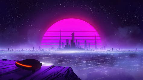 Retro Car Synthwave City Ocean Moon Background 4k Hd Vaporwave