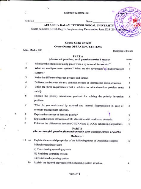 Cst206 Operating Systems June 2023 Pdf Operating System Computer Data