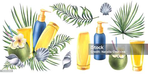 선탠 크림 튜브는 노란색과 파란색이며 열대 야자 잎 코코넛 칵테일 및 바다 조개입니다 수채화 그림 손으로 그린 흰색 배경에