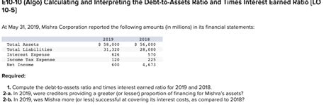 Solved E10 10 Algo Calculating And Interpreting The Debt To Assets