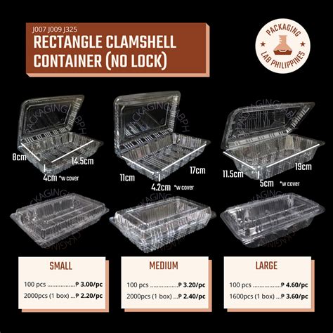 No Lock Rectangle Clamshell Container 3 Sizes Packaging Lab Philippines