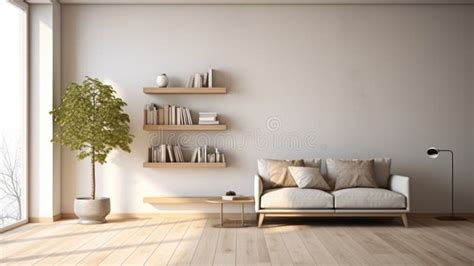 Interior With Sofa Bookshelf And Lamp 3d Render Generative Ai Stock
