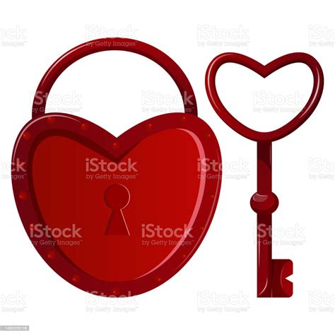 발렌타인 데이 만화 빨간 하트 모양의 자물쇠는 투명한 배경에 열쇠 구멍과 하트 모양의 열쇠가 있습니다 광고 포스터 또는 모바일 앱을 위한 디자인 벡터 그림입니다 2명에 대한