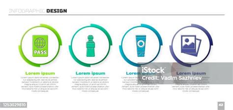 세트 여권 물 병 튜브와 사진에 선스크린 크림 비즈니스 인포그래픽 템플릿입니다 벡터 메이크업 화장품에 대한 스톡 벡터 아트 및 기타 이미지 메이크업 화장품 튜브 형판