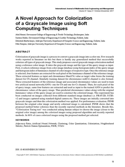 A Novel Approach For Colorization Of A Grayscale Image Using Soft Computing Techniques Pdf