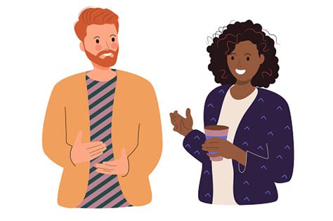 한 남자와 여자가 함께 이야기하고 있습니다 다국적 친구의 긍정적 인 의사 소통 흰색 배경에 격리 된 만화 플랫 벡터 일러스트레이션 말하기에 대한 스톡 벡터 아트 및 기타
