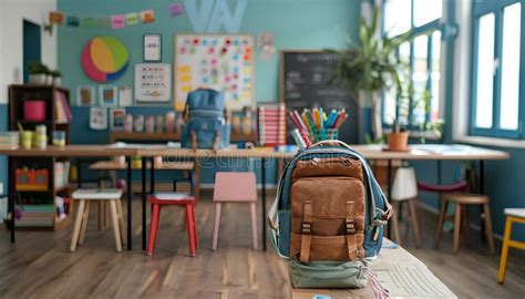 Interior Of Stylish Empty Classroom With Backpacks And Stationery Stock