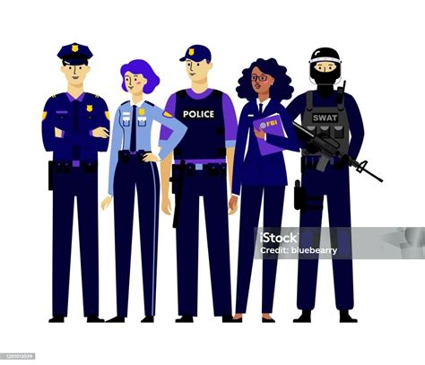 트렌디 한 플랫 스타일의 현대적인 배경에 고립 된 경찰 문자 그룹 경찰관에 대한 스톡 벡터 아트 및 기타 이미지 경찰관 감시 군 보안관 Istock