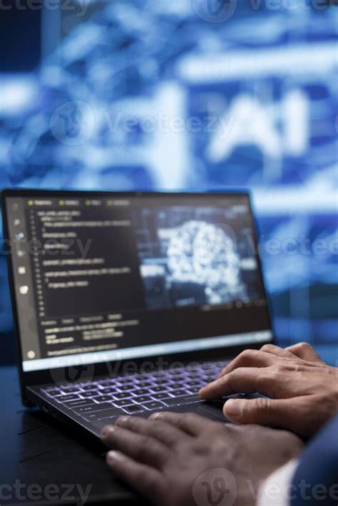 System Administrator Analyzing Complex Ai Brain Models On Laptop Close Up Shot Of Worker Using