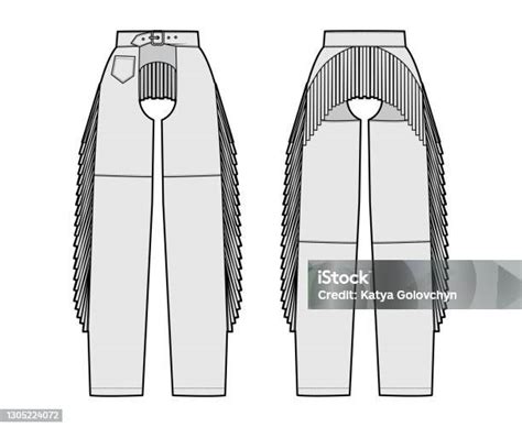 바지 카우보이 는 일반 벨트 허리 고층 프린지 전체 길이와 기술 패션 일러스트를 Chaps 플랫 하부 0명에 대한 스톡 벡터 아트 및 기타 이미지 Istock